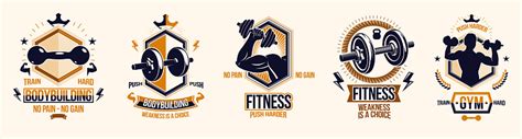 피트니스 스포츠 엠블럼 로고 또는 바벨 아령 케틀벨과 근육 남자 실루엣 벡터 세트 운동 운동 활성 라이프 스타일 테마 스포츠 클럽 또는 대회 상 포스터