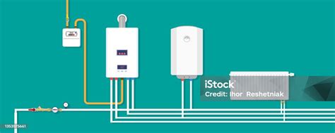 집에서 난방 시스템 가스 보일러 라디에이터 전기 보일러 가스 미터 물 미터 펌프 제어 장비 및 파이프 벽에 용광로가있는 집에있는 지하 객실 현대 장착 탱크 벡터 가정 난방에