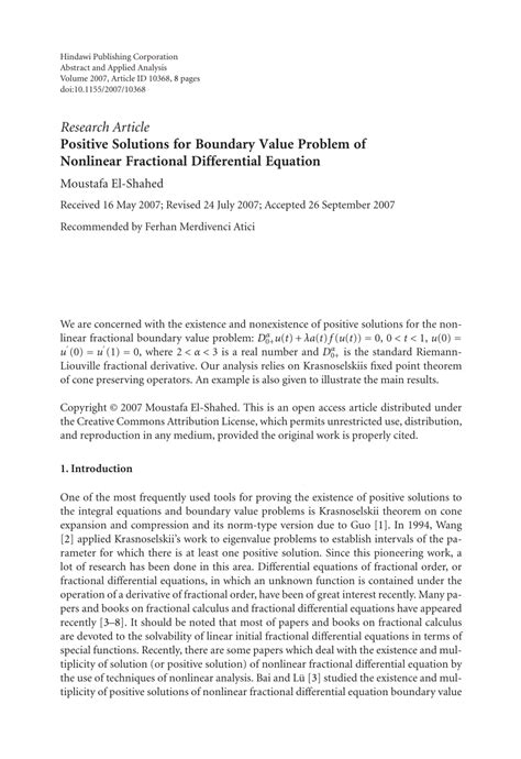 Pdf Research Article Positive Solutions For Boundary Value Problem Of