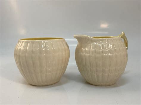 Vintage Belleek Green Label Yellow Limpet Cream And Sugar Set EstateSales Org