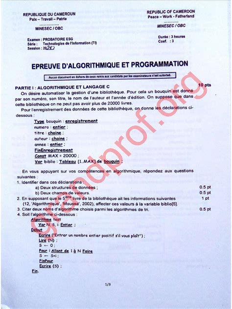 Algorithmique Probatoire Ti 2020 Pdf