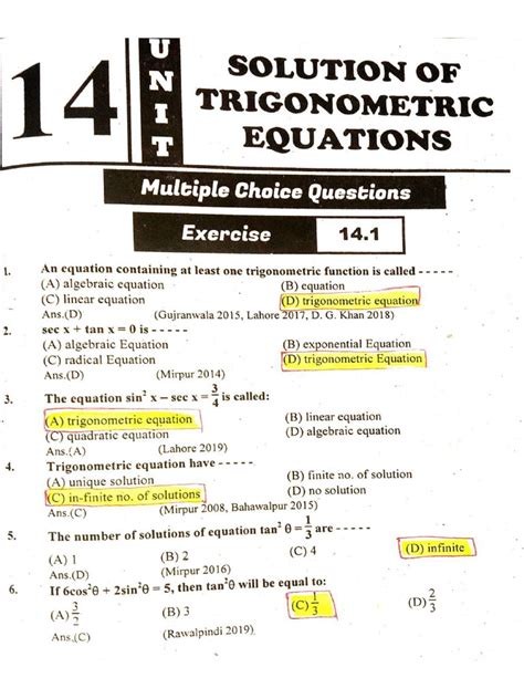 Ch 14 Mcqs Trigonometric Equations Pdf