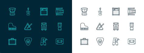 세트 라인 실로폰 기타 픽 스테레오 스피커 진자가 있는 메트로놈 삼각형 악기 앰프 아프리카 다르부카 드럼 및 일렉트릭 베이스 기타 아이콘 벡터 고름에 대한 스톡 벡터 아트