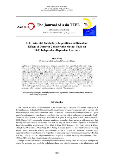 Pdf Efl Incidental Vocabulary Acquisition And Retention Effects Of