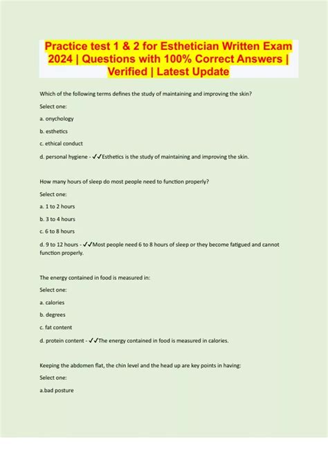 Practice Test 1 And 2 For Esthetician Written Exam 2024 Questions With 100 Correct Answers