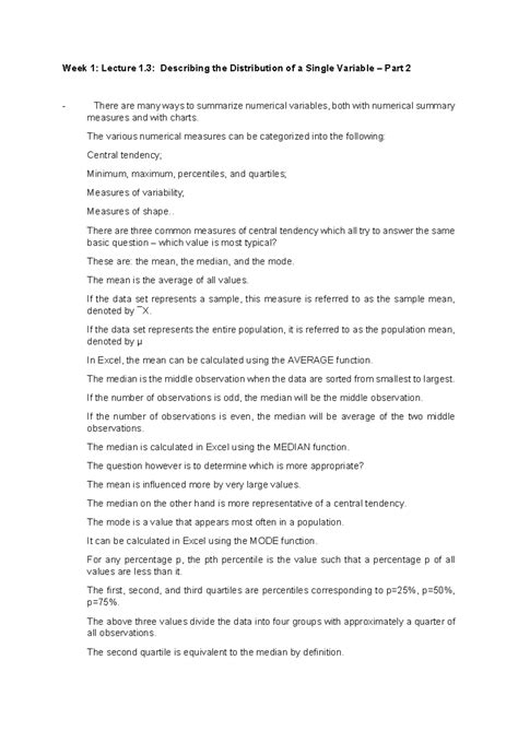 week 1 lecture 1 3 describing the distribution of a single variable part 2 the various