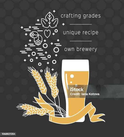 맥주 유리 홉 고 밀입니다 공예 재료 양조 된 맥주입니다 레스토랑 바 펍 맥주에 대 한 그림 리본 벡터 개념입니다 현대 선 스타일입니다 개념에 대한 스톡 벡터 아트 및 기타