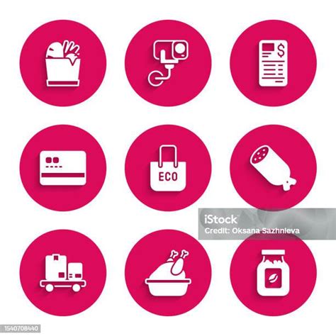 재활용 구운 칠면조 또는 닭고기 커피 항아리 병 살라미 소시지 핸드 트럭 및 상자 신용 카드 종이 재정 수표 및 음식 아이콘이 있는 쇼핑백을 설정합니다 벡터 고기에 대한