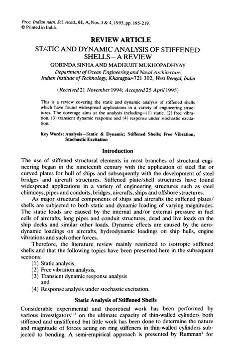 Pdf Static And Dynamic Analysis Of Stiffened Shells A Review