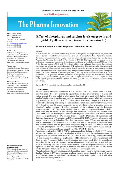 Pdf Effect Of Phosphorus And Sulphur Levels On Growth And Yield Of