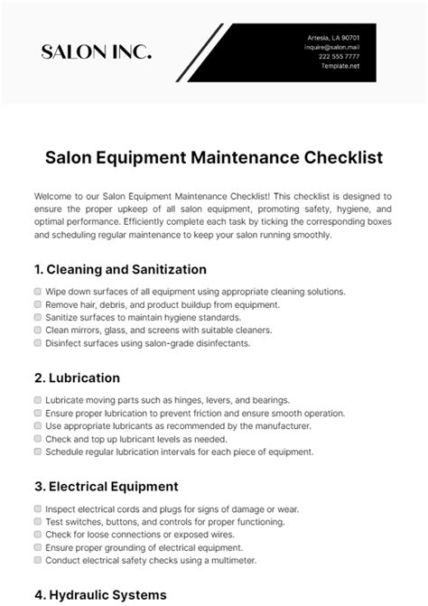 Free Salon Equipment Maintenance Checklist Template To Edit Online
