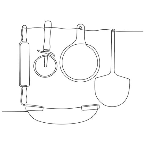피자 만들기 도구의 연속 선 그리기 보드 로커 나이프 커터 롤링 핀 벡터 프리미엄 벡터