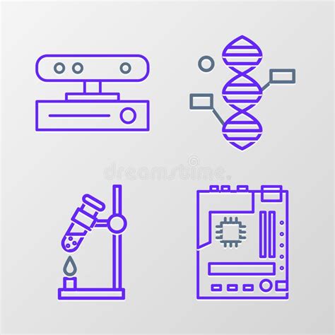 Set Line Motherboard Test Tube Flask On Fire Dna Symbol And Motion Sensor Icon Vector Stock
