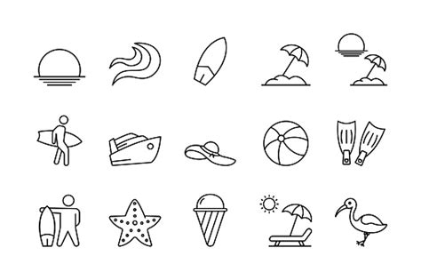 여름 세트 아이콘입니다 일몰 아이콘 일출 파도 서핑 보드 비치 파라솔 서퍼 일광욕 의자 등이 포함되어 있습니다 선 아이콘 스타일 디자인입니다 간단한 벡터 디자인 편집 가능