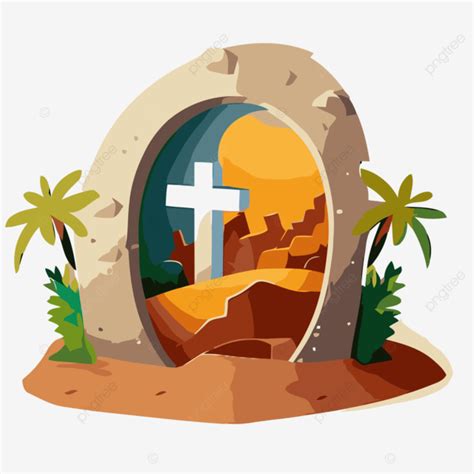십자가와 빈 무덤 벡터 배경 만화에 풀과 계란이 있는 스티커 클립 아트 상표 클립 아트 Png 일러스트 및 벡터 에 대한