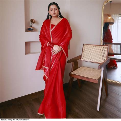Beautiful Jimmy Chu Silk Plain Red Saree