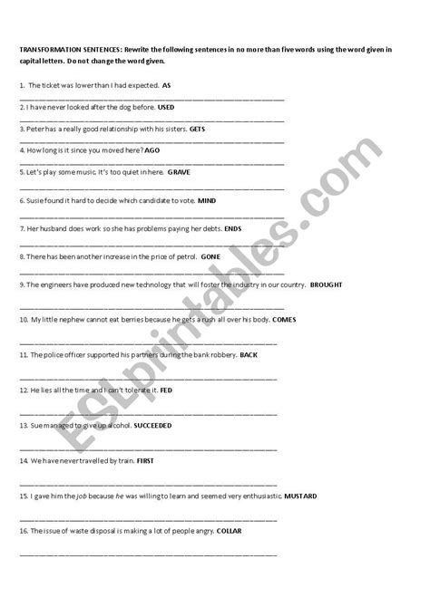 Transformation Sentences Esl Worksheet By Annajkarenina