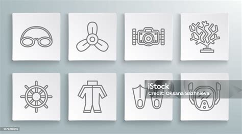 세트 라인 선박 스티어링 휠 보트 프로펠러 터빈 잠수복 고무 오리발 다이빙 마스크 사진 카메라 산호 및 안경 및 모자 아이콘 벡터 날에 대한 스톡 벡터 아트 및 기타 이미지