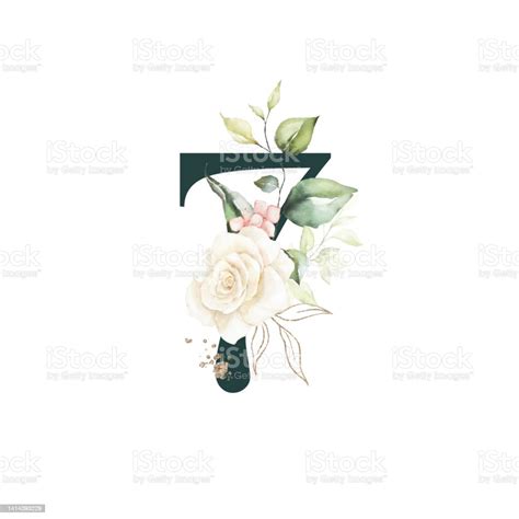 수채화 골드 그린 블러쉬 꽃 알파벳 문자 구성 숫자 기호 번호 7 일곱 번째 0명에 대한 스톡 벡터 아트 및 기타 이미지 0