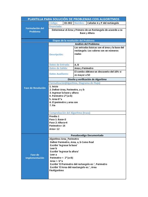 Plantilla Para SoluciÓn De Problemas Con Algoritmos A Y P Del Rectangulo Pdf