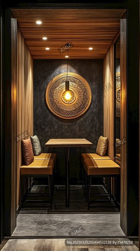 Ai创作图日式 包间 餐饮 桌椅 灯具 装饰 墙面 木质 沙发凳 圆桌 吊灯 氛围 室内 装修 设计 昵图网