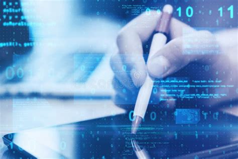 Close Up Of Hand With Pen Using Digital Tablet At Desktop With Abstract