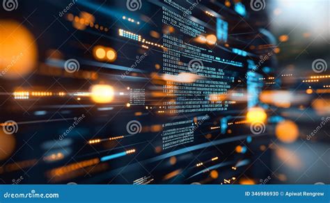 Digital Background With Glowing Binary Code And Abstract Light Trails