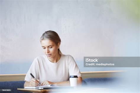 캐주얼 스웨터에 심각한 집중 금발의 여자는 테이블에 앉아 카페에서 작업하는 동안 일기에 메모를 만들기 보기 정적 활동에 대한 스톡 사진 및 기타 이미지 Istock