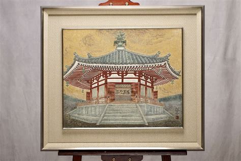 中庭煖華法隆寺夢殿日本画 画寸 45 5cmx38cm F8号 サイン共箱あり 真作 兵庫県出身仏画作家繊細さ伝わる逸品の落札