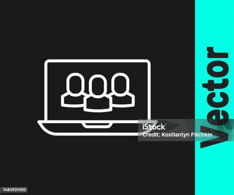 흰색 선 화상 채팅 회의 아이콘은 검은색 배경에 분리되어 있습니다 온라인 회의 작업 양식 원격 프로젝트 관리 벡터 Brand