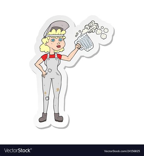 Sticker Of A Cartoon Hard Working Woman With Beer Vector Image