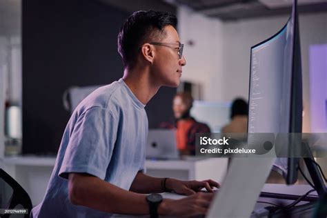 Computer Coding Programming And Asian Man In Cybersecurity Software Development And Html Script