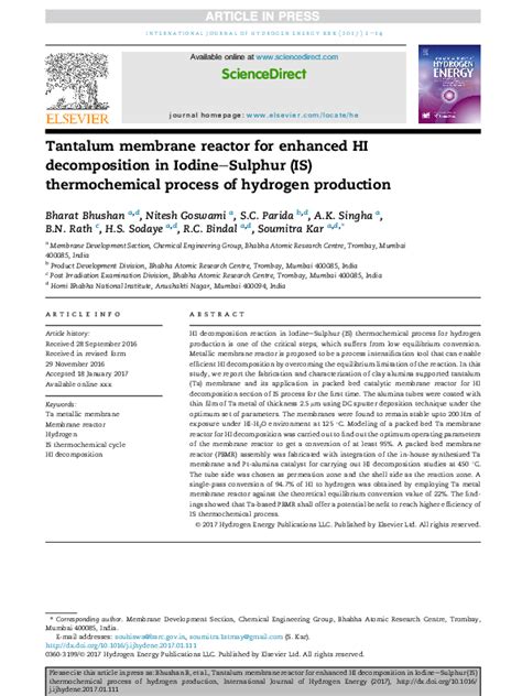 Pdf Tantalum Membrane Reactor For Enhanced Hi Decomposition In Iodine