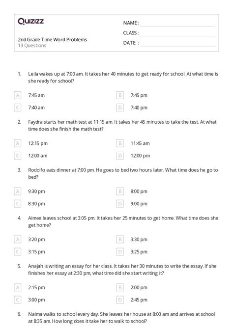 50 Time Word Problems Worksheets For 2nd Class On Quizizz Free