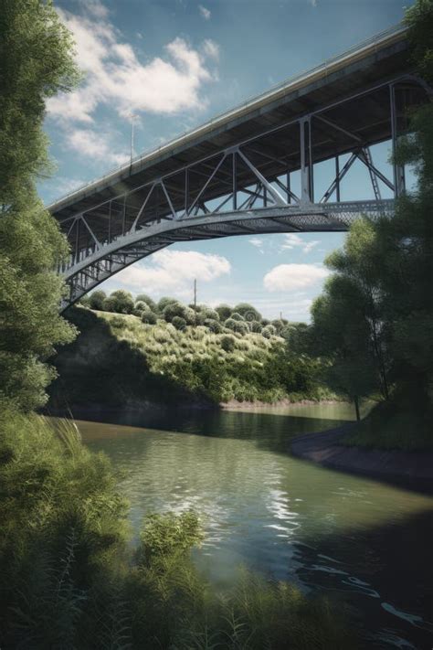 Bridge Crossing River Over Trees And Blue Sky Created Using Generative Ai Technology Stock