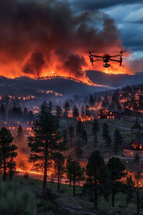 Drone Monitoring Rampant Wildfire At Dusk Stock Illustration Illustration Of Mapping