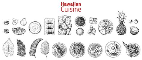 하와이 음식 상위 뷰 벡터 삽화 음식 메뉴 디자인 서식 파일입니다 손으로 그린 스케치 컬렉션입니다 하와이 음식 메뉴 세트 빈티지 스타일 포케 음식에 대한 스톡 벡터 아트 및