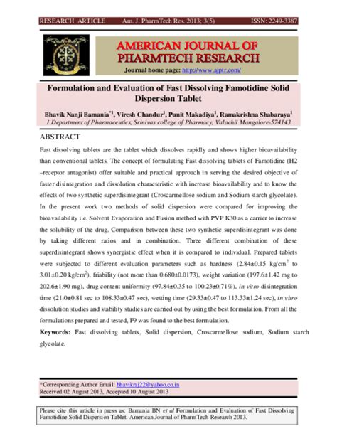 Pdf Formulation And Evaluation Of Fast Dissolving Famotidine Solid Dispersion Tablet Introduction