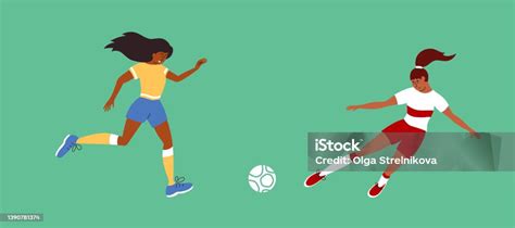 녹색 필드에서 공을 치는 여성 축구 선수와 여성 축구의 벡터 일러스트 레이 션 여자 축구에 대한 스톡 벡터 아트 및 기타 이미지