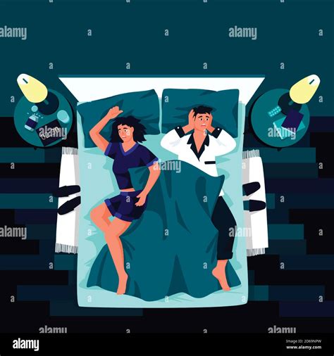 Young Tired Couple Suffering From Insomnia Vector Flat Cartoon