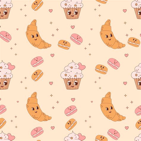 Seamless Pattern With Cute Pastry Cartoon Characters Croissant