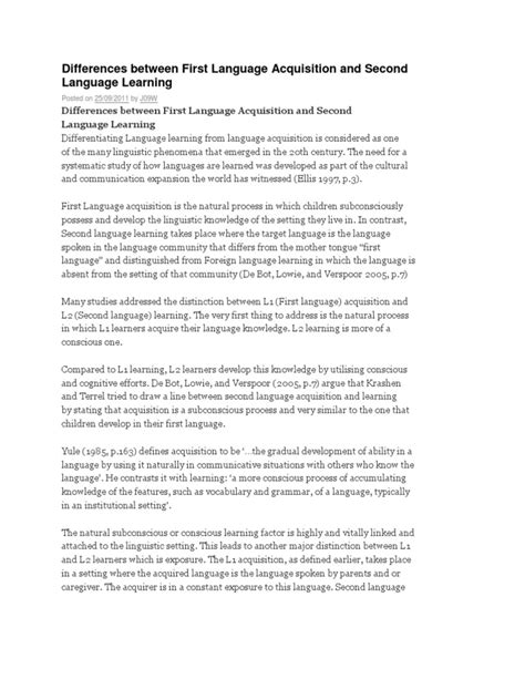 Differences Between First Language Acquisition And Second Language Learning Pdf