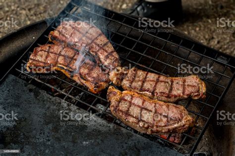 캠프 파이어에서 주철 그릴 접시에 굽는 쇠고기 스테이크 캠프 파이어 요리 야외 바베큐 고기에 대한 스톡 사진 및 기타 이미지