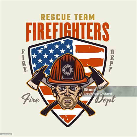 소방관들은 밝은 배경에 소방관과 미국 국기가 있는 컬러 스타일의 벡터 엠블럼 로고 배지 또는 라벨 디자인 일러스트레이션을 선보인다 구조에 대한 스톡 벡터 아트 및 기타