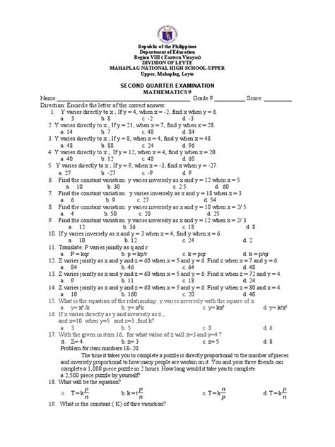 Second Quarter Exam Math 9 Pdf Mathematics
