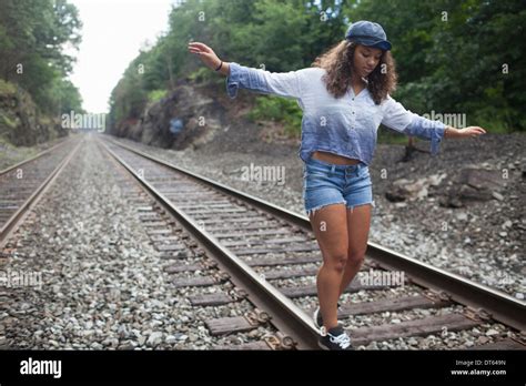 Naked Girl Railway Line Telegraph