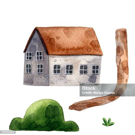 수채화 집 일러스트레이션 집과 도로 녹색 나무 손으로 그린 만화 스타일의 일러스트레이션 귀여운 카드 단순히 드로잉 스타일 시골길