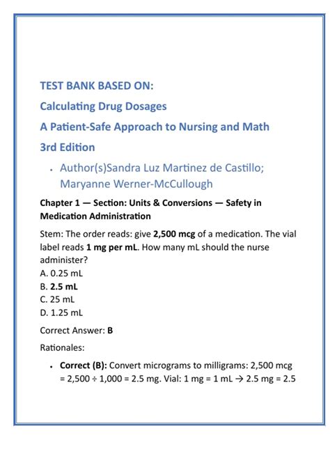Calculating Drug Dosages 3rd Ed — Chapter By Chapter Test Bank For Dosage Calculations