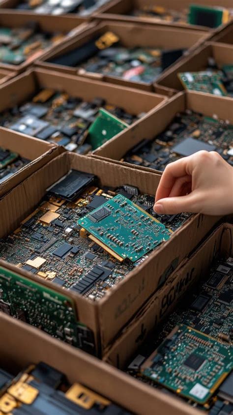 Close Up Of Hand Sorting Computer Circuit Boards In Cardboard Boxes Stock Illustration