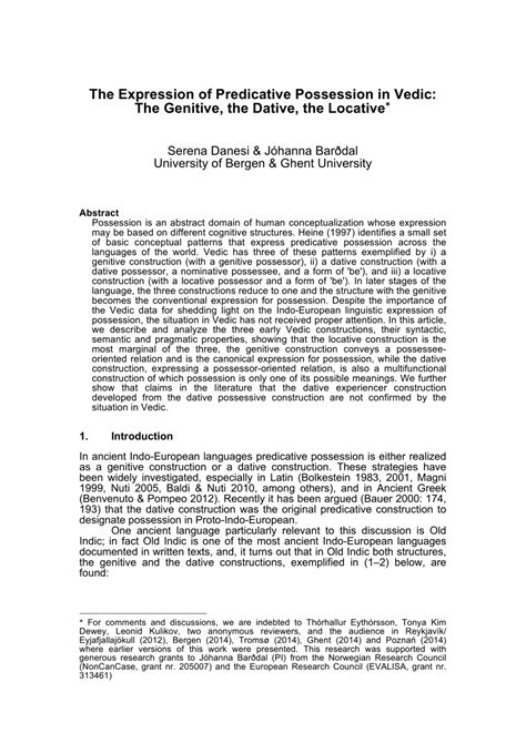 Pdf The Expression Of Predicative Possession In Vedic The Genitive